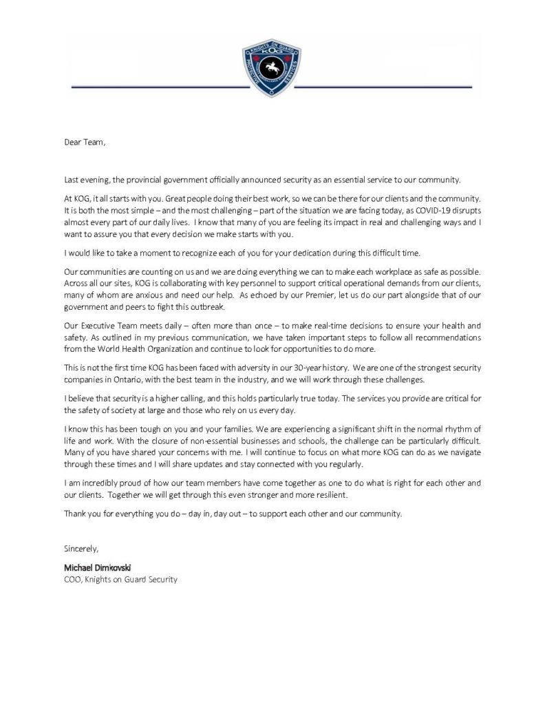 A Letter To Our Team | Knights On Guard